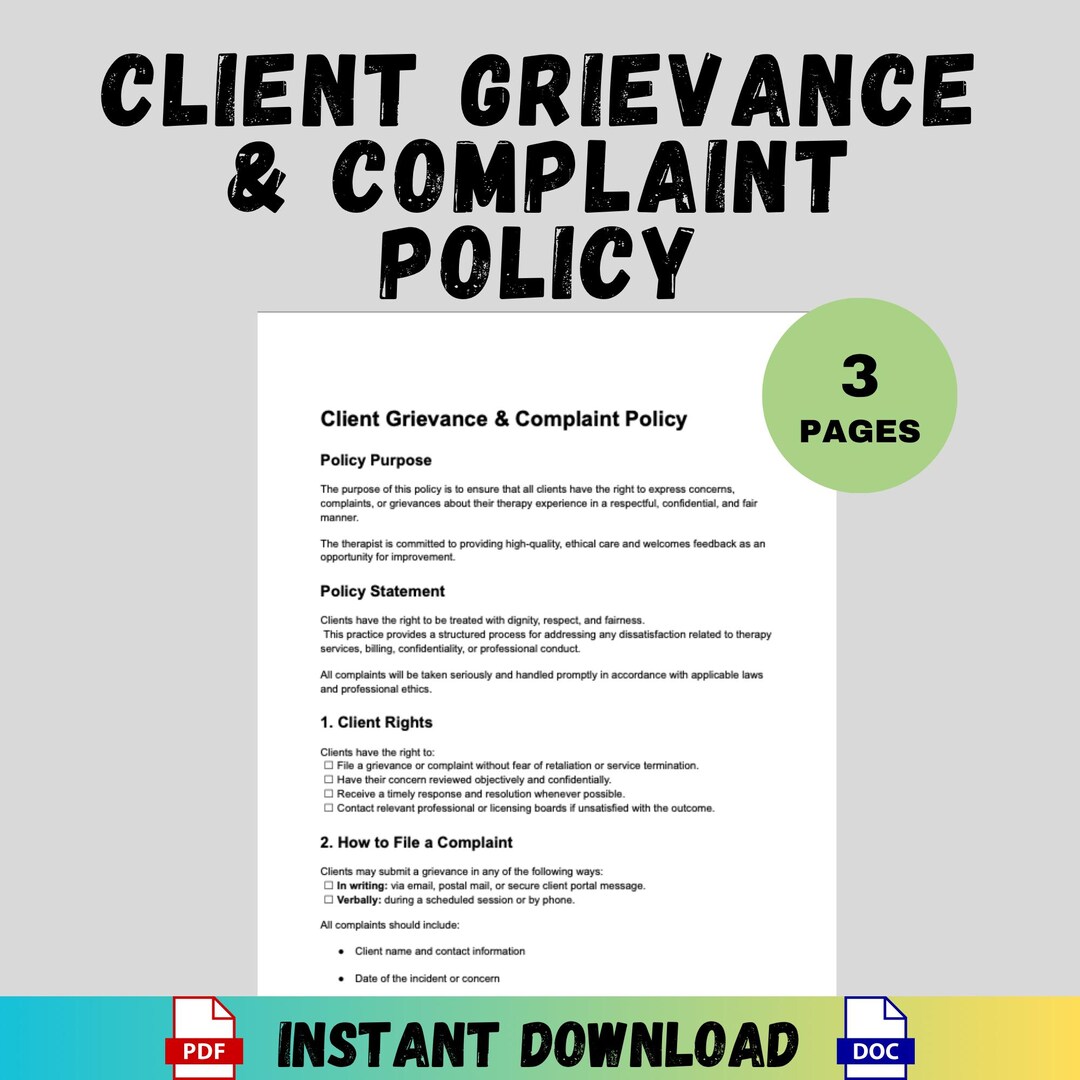 Client Grievance Complaint Policy Therapist Template Editable PDF Word ...