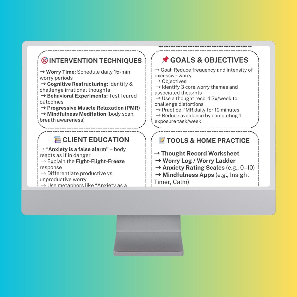 GAD Therapy Intervention Cheat Sheet Printable Counseling Tool Anxiety ...