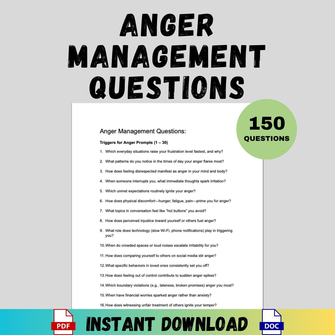 Anger Management Therapy Questions Printable Prompts Counselors Gift ...