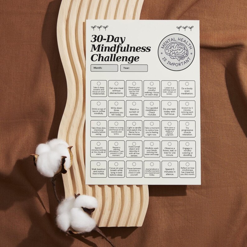 30 Day Mindfulness Challenge Printable Client Handout Mental Health ...