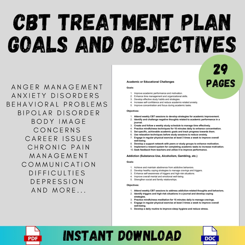 CBT Treatment Plan Goals and Objectives Treatment Planning Tool Therapy ...