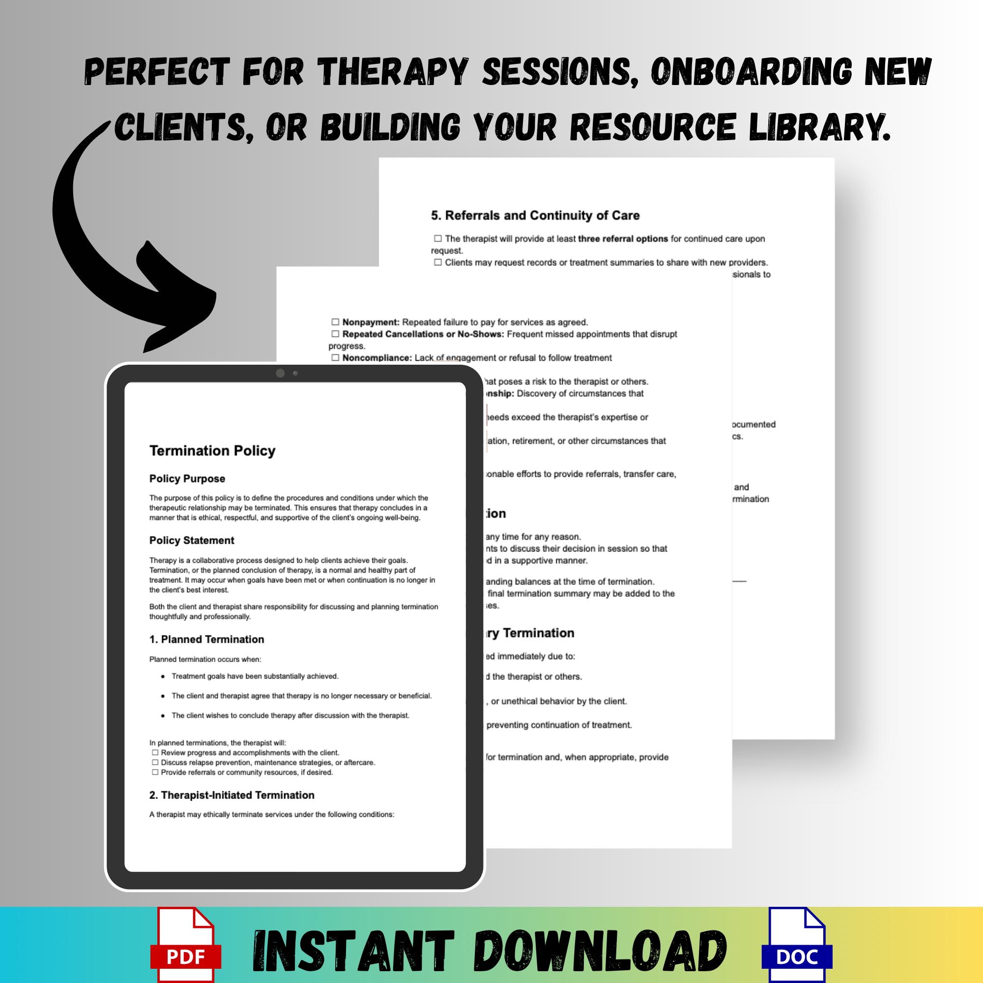 Termination Policy Therapist Template Editable PDF Word Counseling End ...