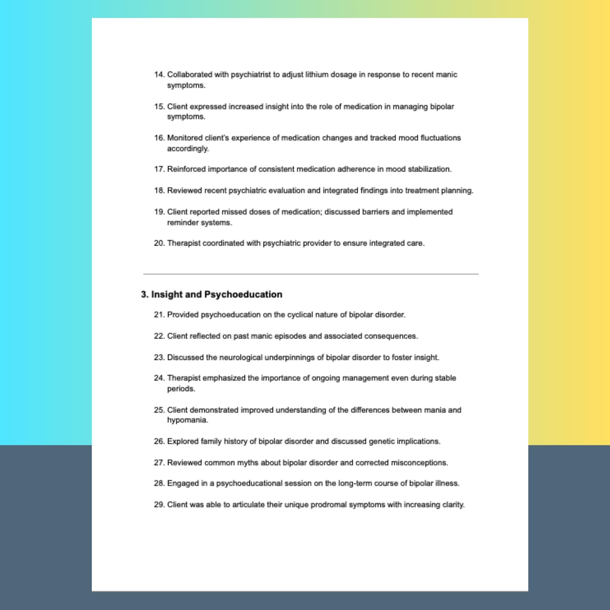 Bipolar Disorder Progress Note Statements Therapy Documentation Tool ...