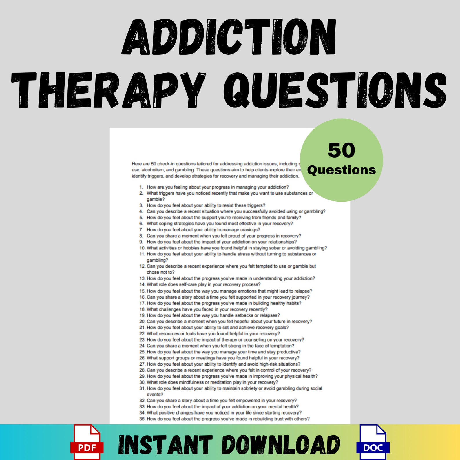 Addiction Recovery Therapy Questions Therapy Tools Printable PDF Word ...