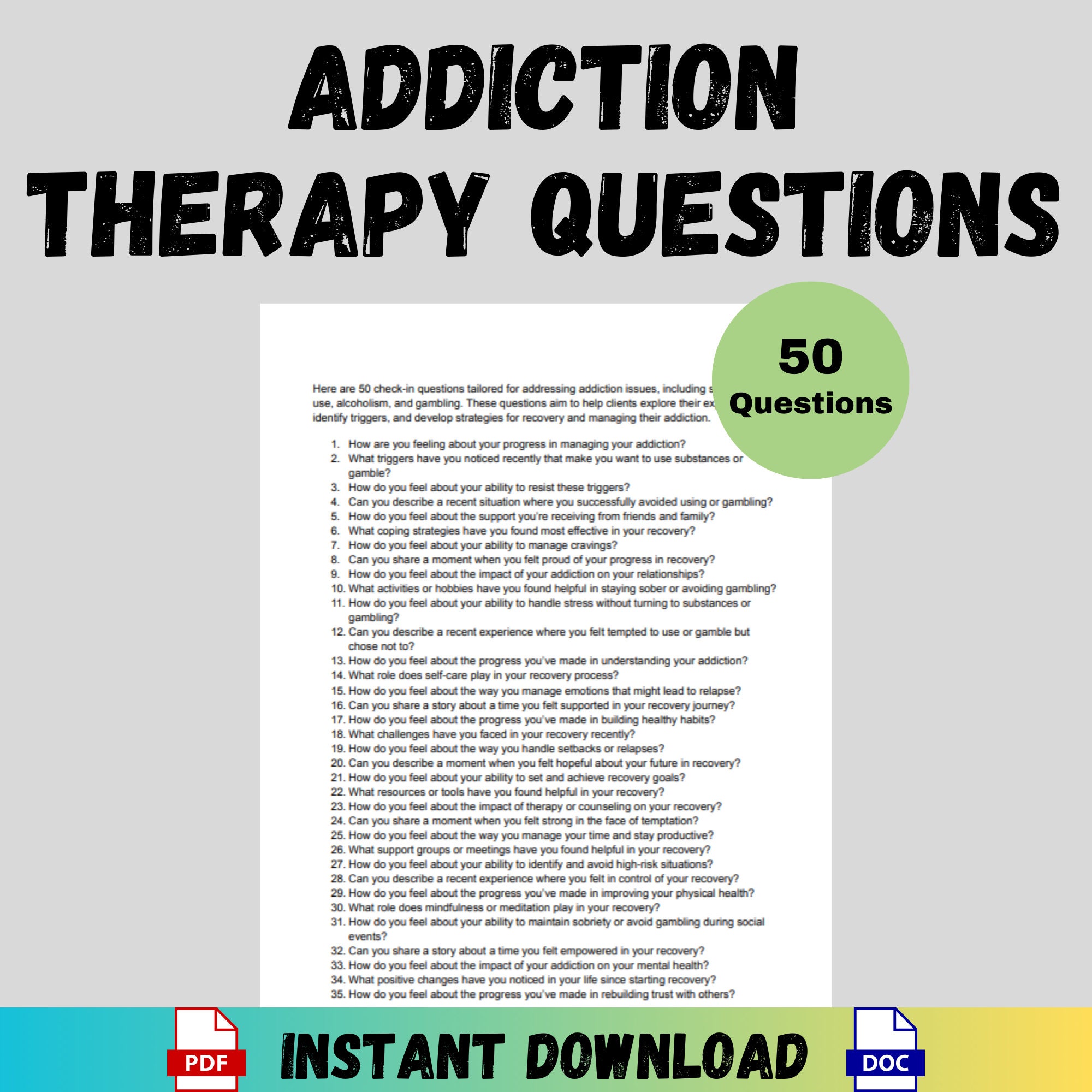 Addiction Recovery Therapy Questions Therapy Tools Printable PDF Word ...
