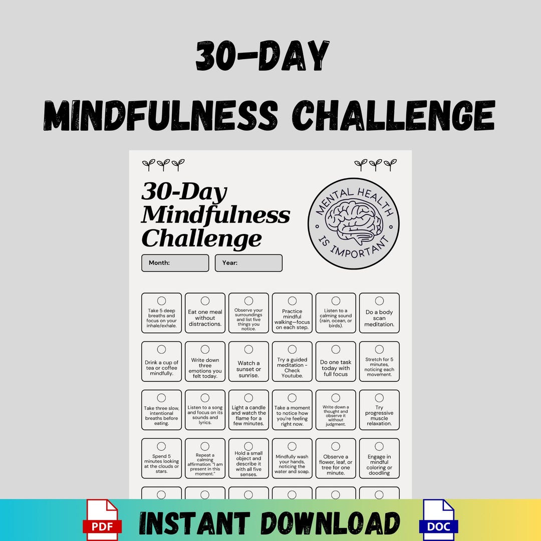 30 Day Mindfulness Challenge Printable Client Handout Mental Health ...