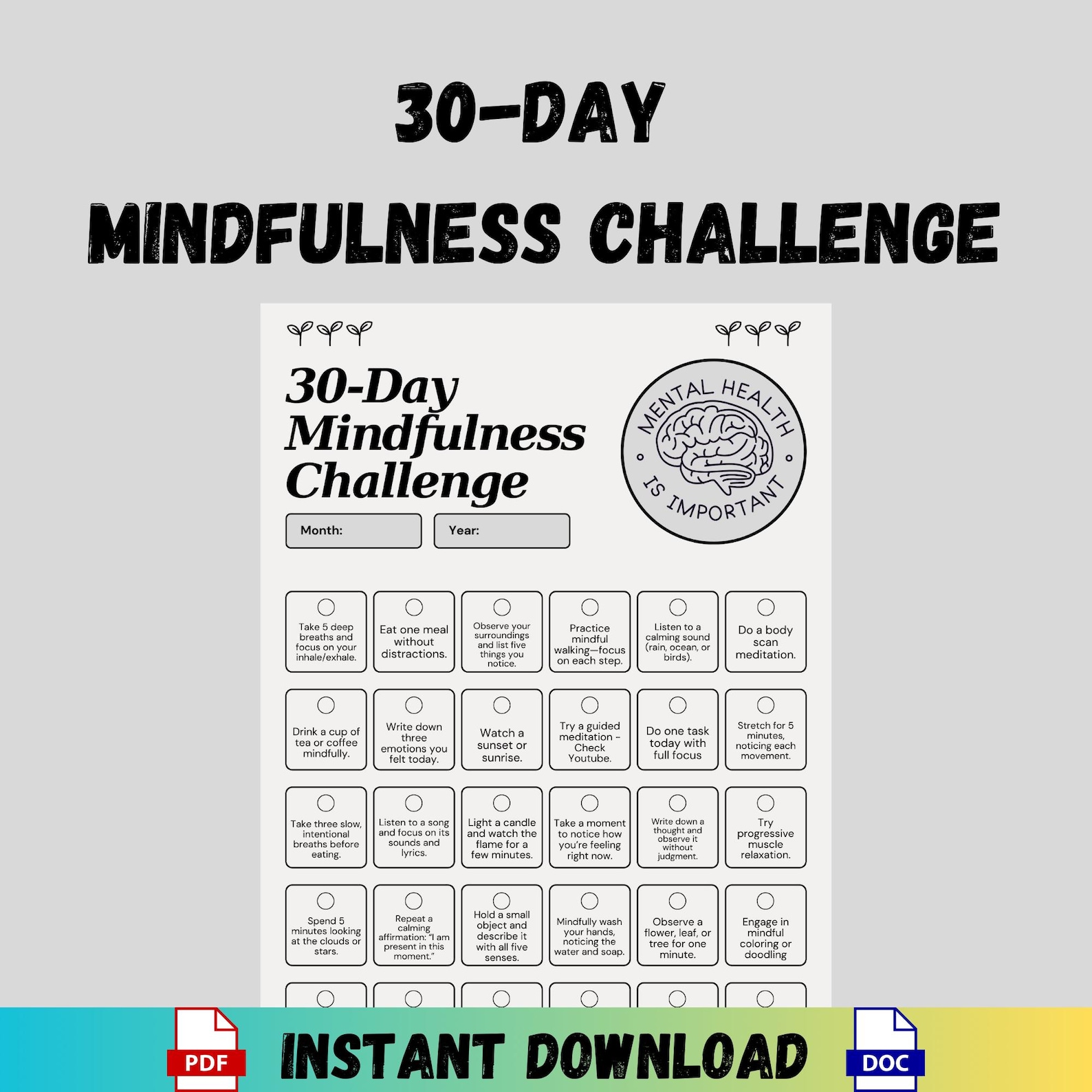 30 Day Mindfulness Challenge Printable Client Handout Mental Health ...