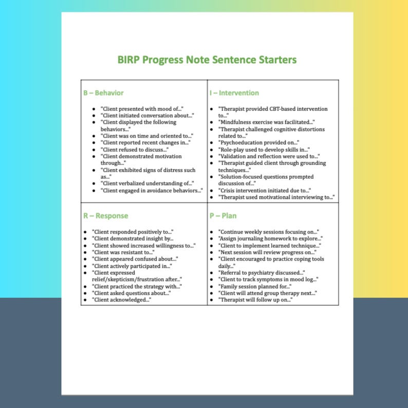 BIRP Note Sentence Starters Therapist Progress Notes Counselor Clinical ...
