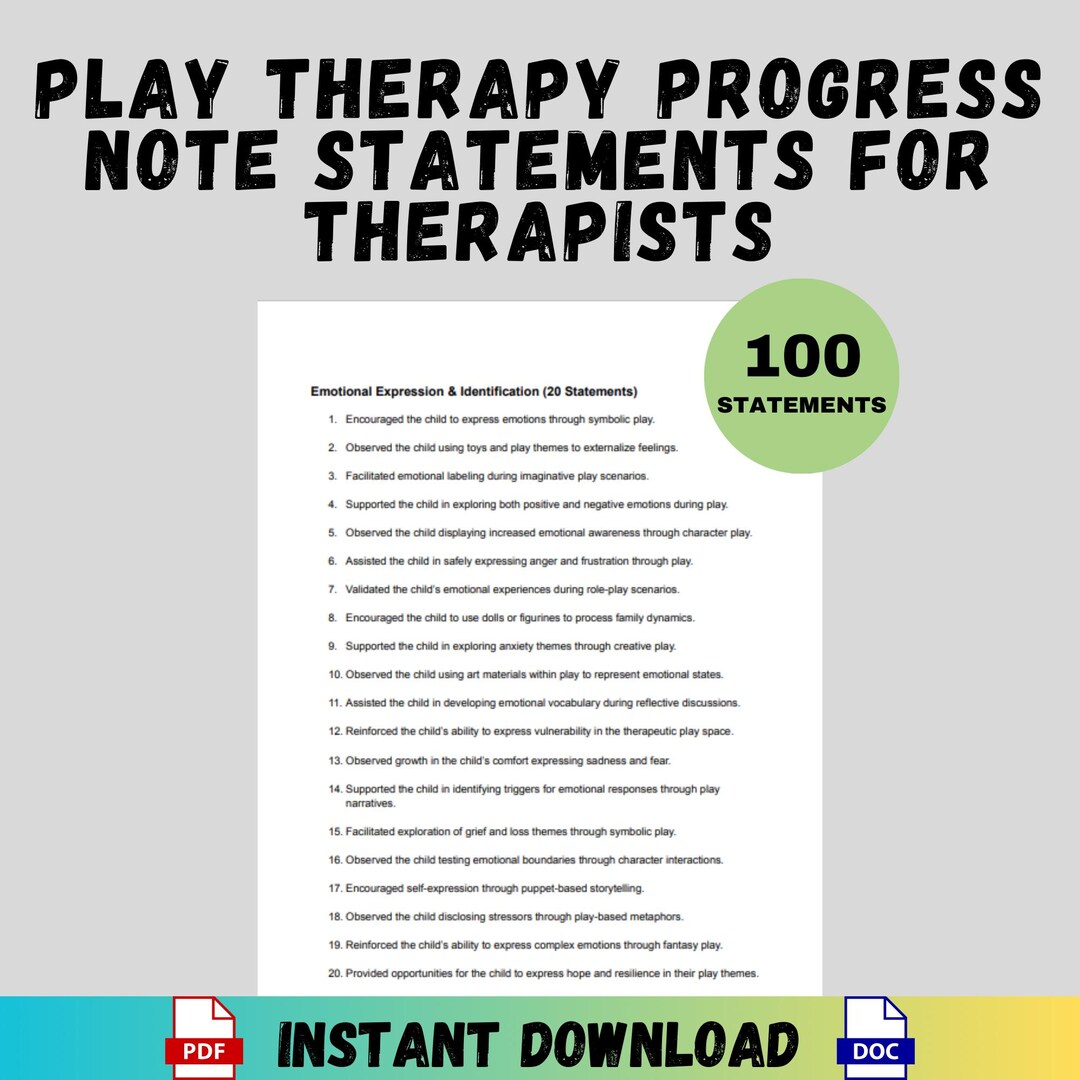 Play Therapy Progress Note Statements for Child Counseling Mental ...