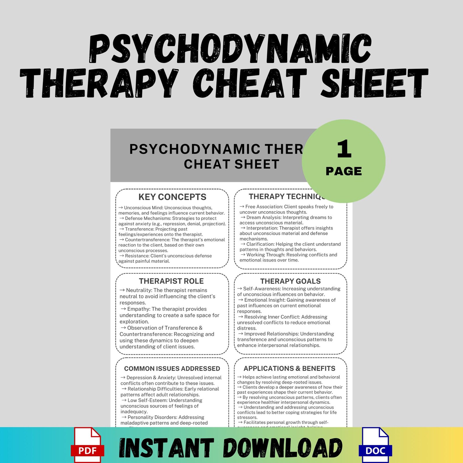 Psychodynamic Therapy Cheat Sheet Therapist Resource Counseling Tool ...