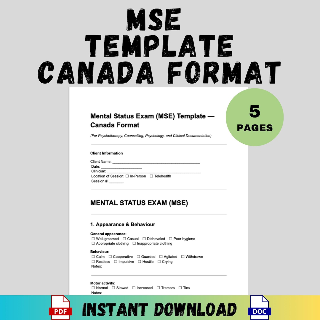 Canada Mental Status Exam MSE Template Therapist Clinical Assessment ...