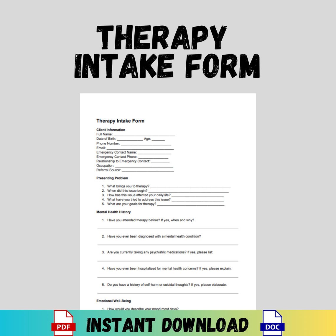 Therapy Intake Form Printable Counseling Client Intake Template ...