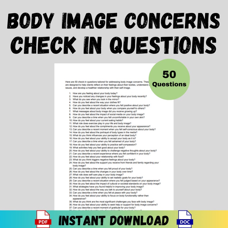 Body Image Therapy Questions Therapy Tools Printable PDF Word Body ...