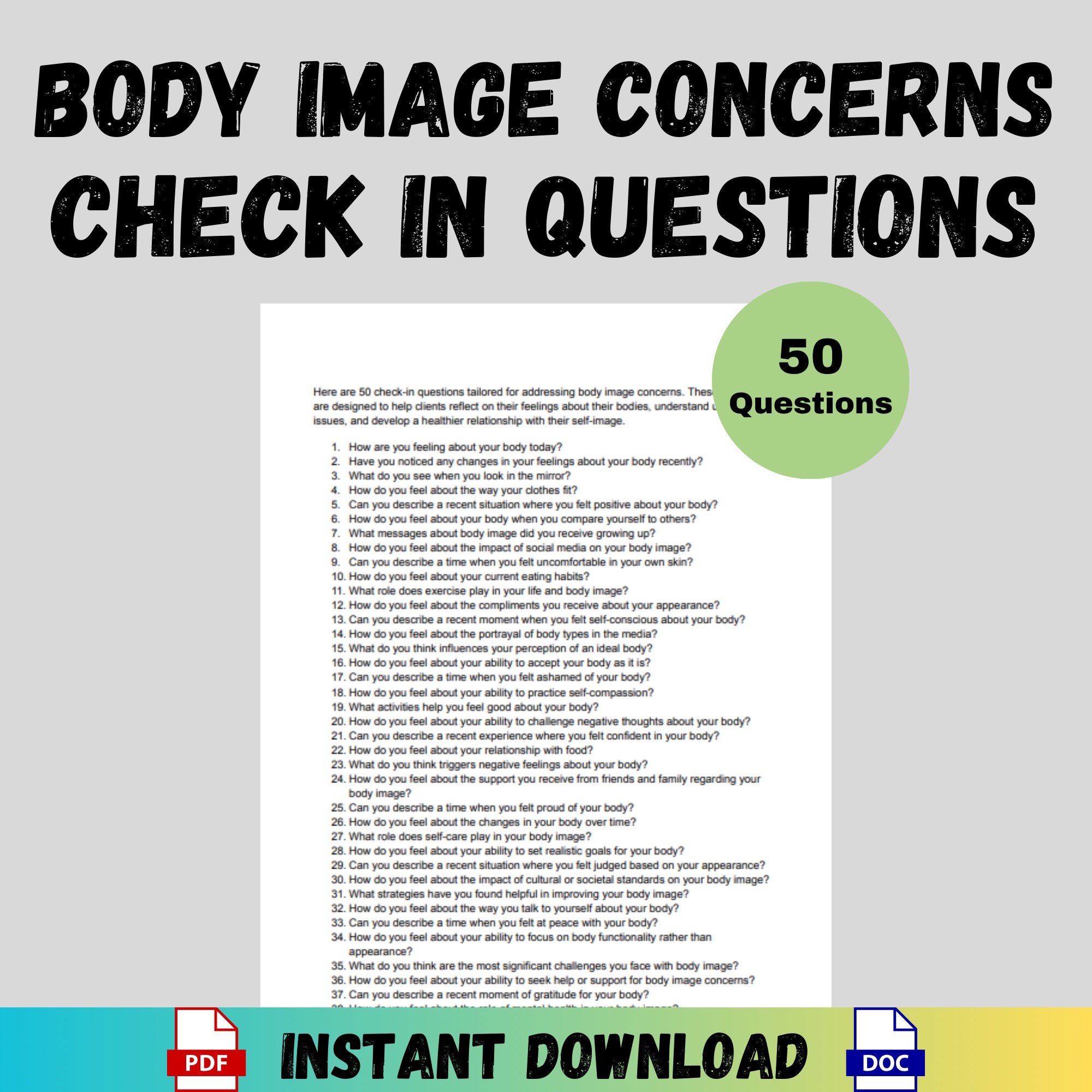 Body Image Therapy Questions Therapy Tools Printable PDF Word Body ...