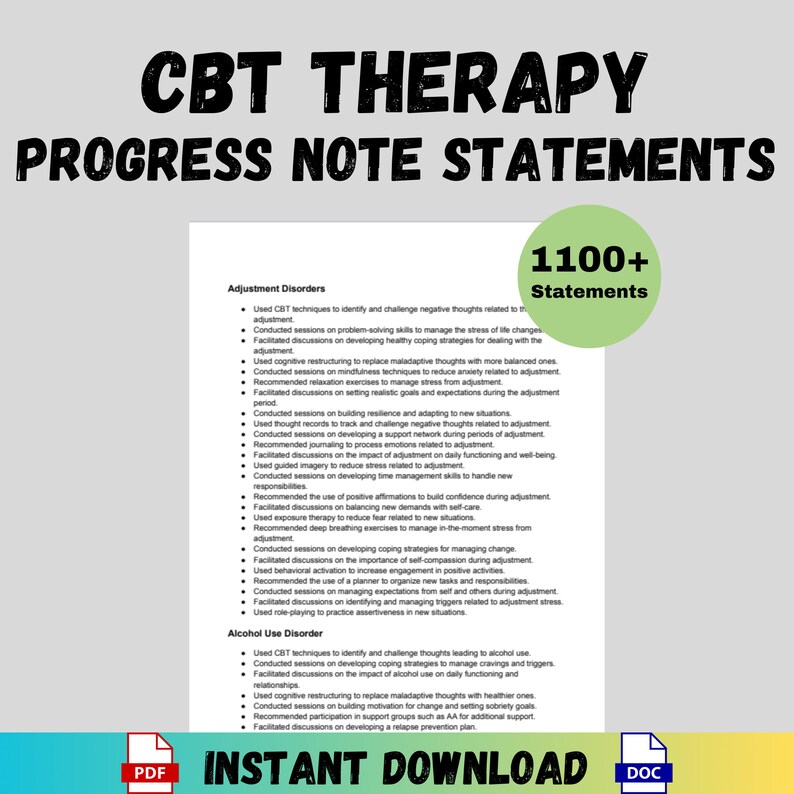 Cognitive Behavioral Therapy Bundle CBT Progress Note Statements ...