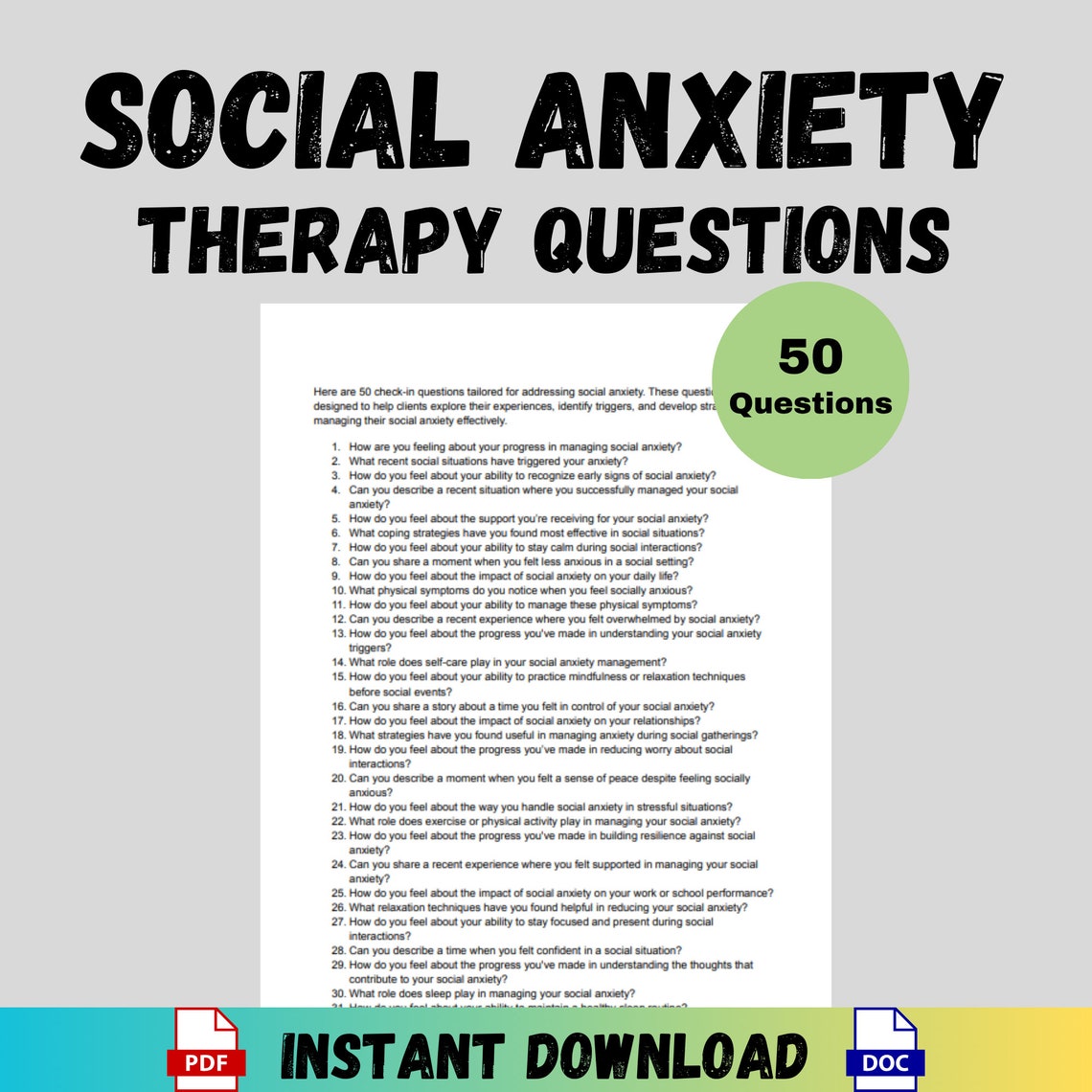 Social Anxiety Therapy Questions Therapy Tools Printable PDF Word Doc ...