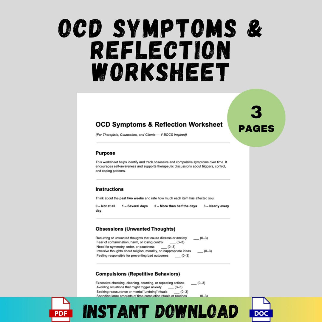 OCD Symptoms Reflection Worksheet Therapist Tool YBOCS Inspired ...