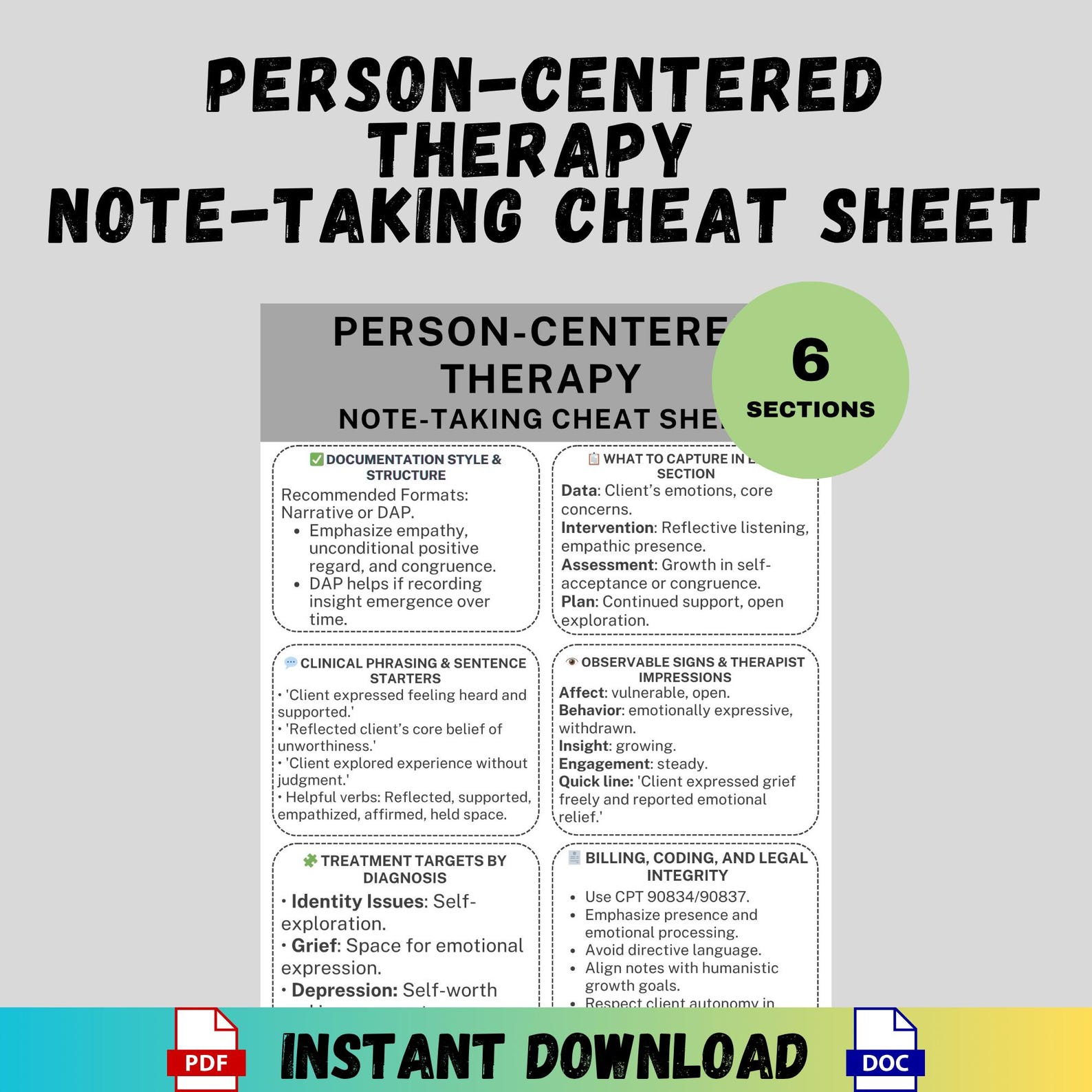 Person-centered Therapy Note-taking Cheat Sheet PDF SOAP DAP Clinical ...