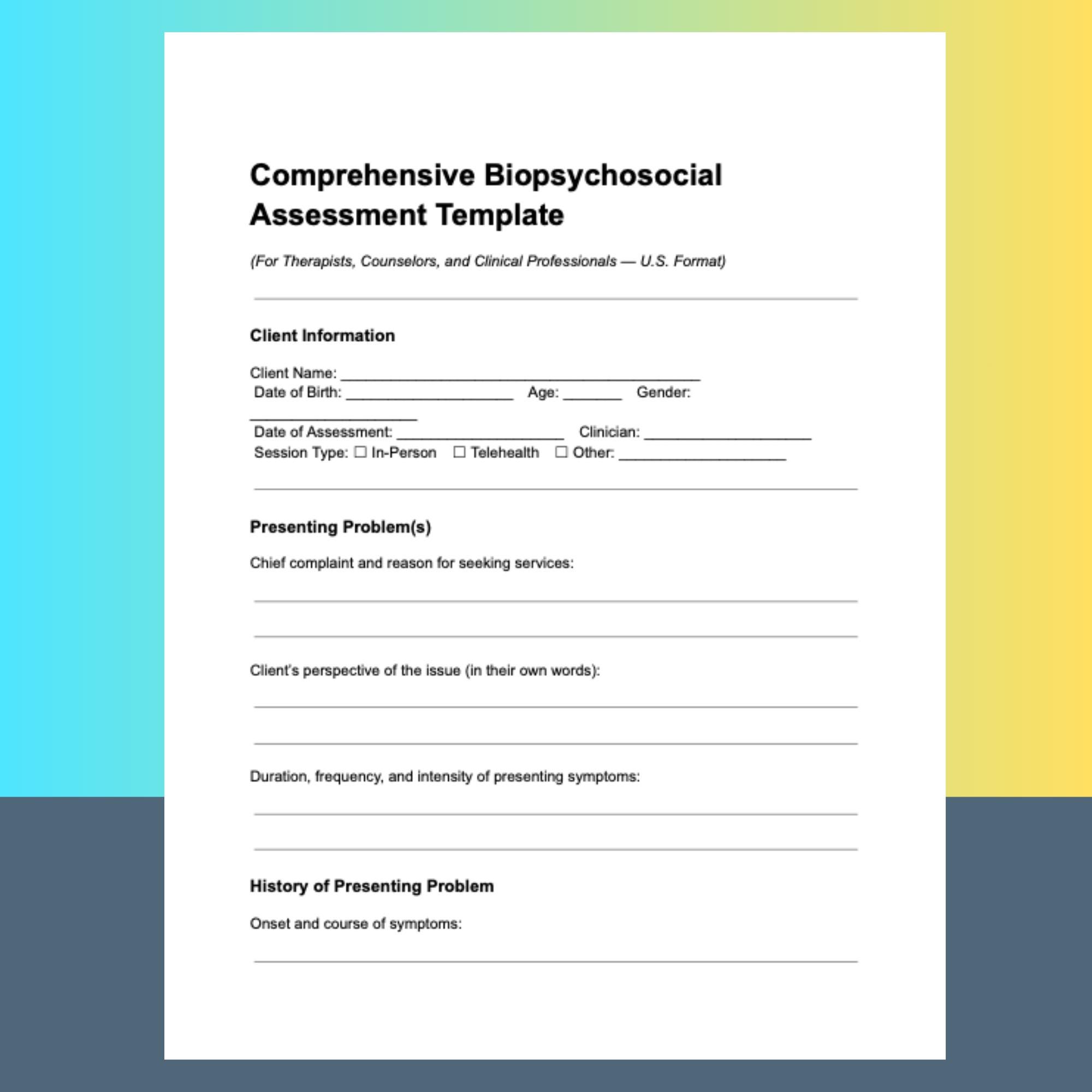 Biopsychosocial Assessment Template Therapist Tool CBT Editable PDF ...