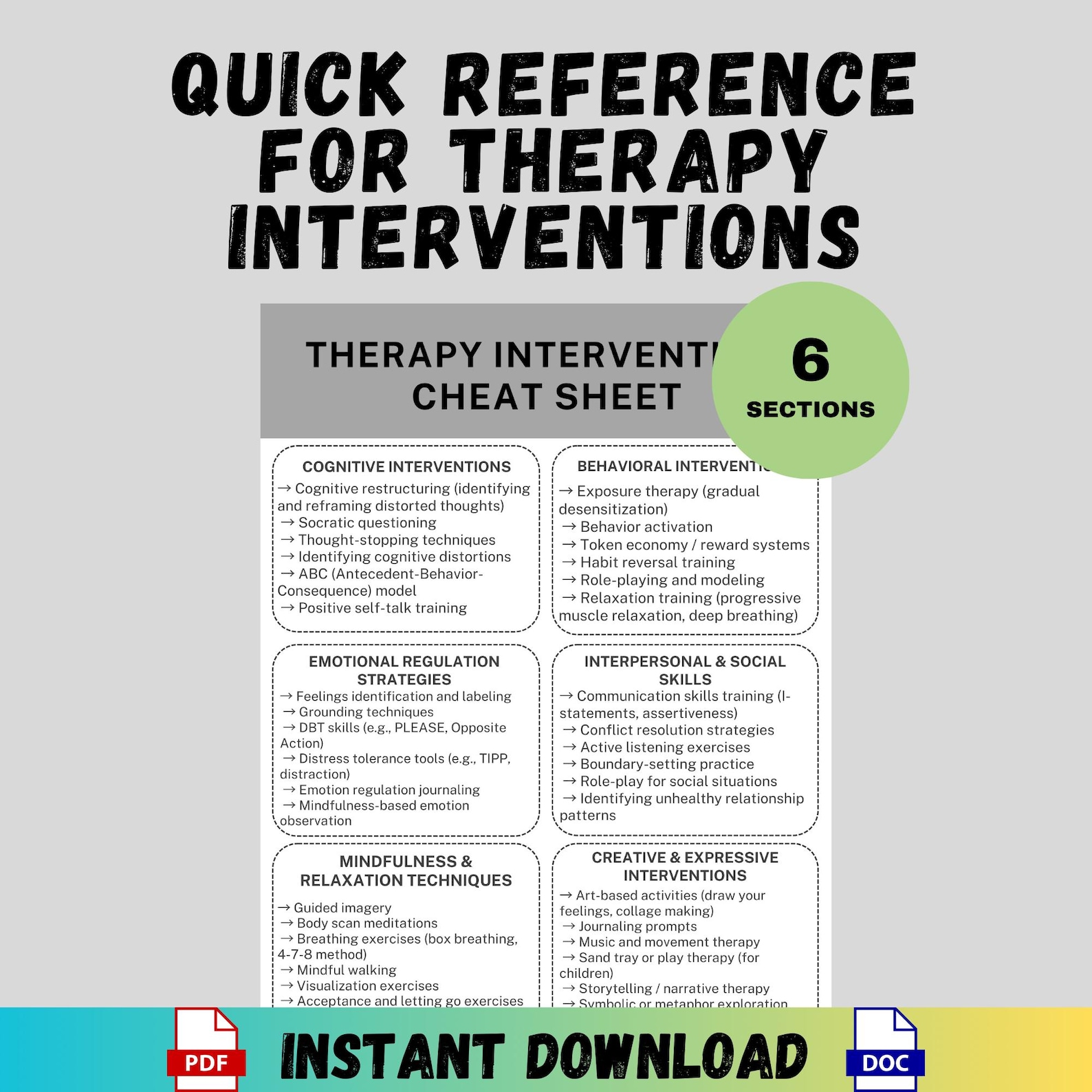 Therapy Intervention Cheat Sheet Printable Counseling Tool Therapist ...