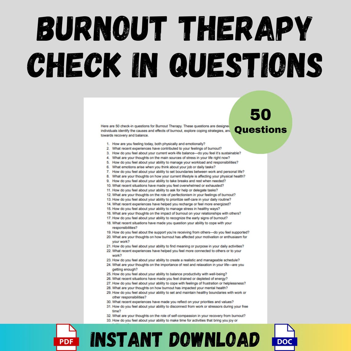 Burnout Therapy Check in Questions Burnout Counseling Tools Mental ...