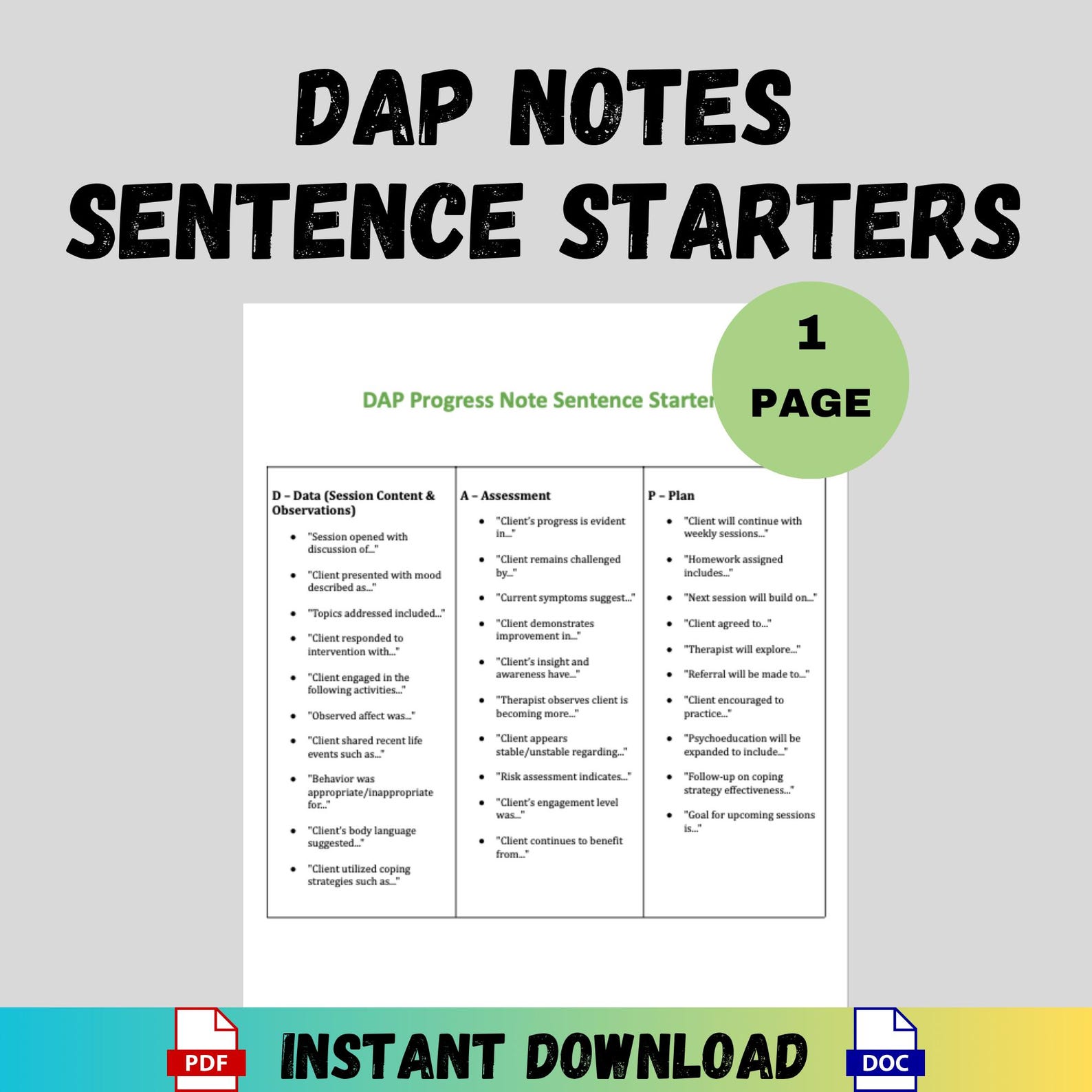 DAP Note Sentence Starters Therapist Progress Notes Editable Sentence ...