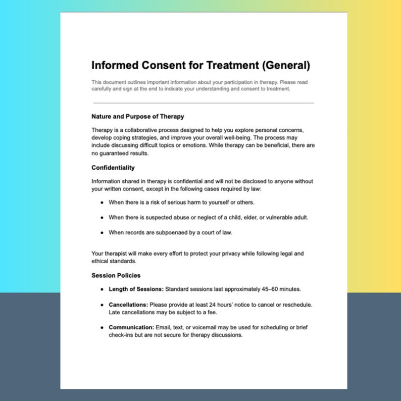 Informed Consent for Treatment Therapist Form Counseling Agreement ...