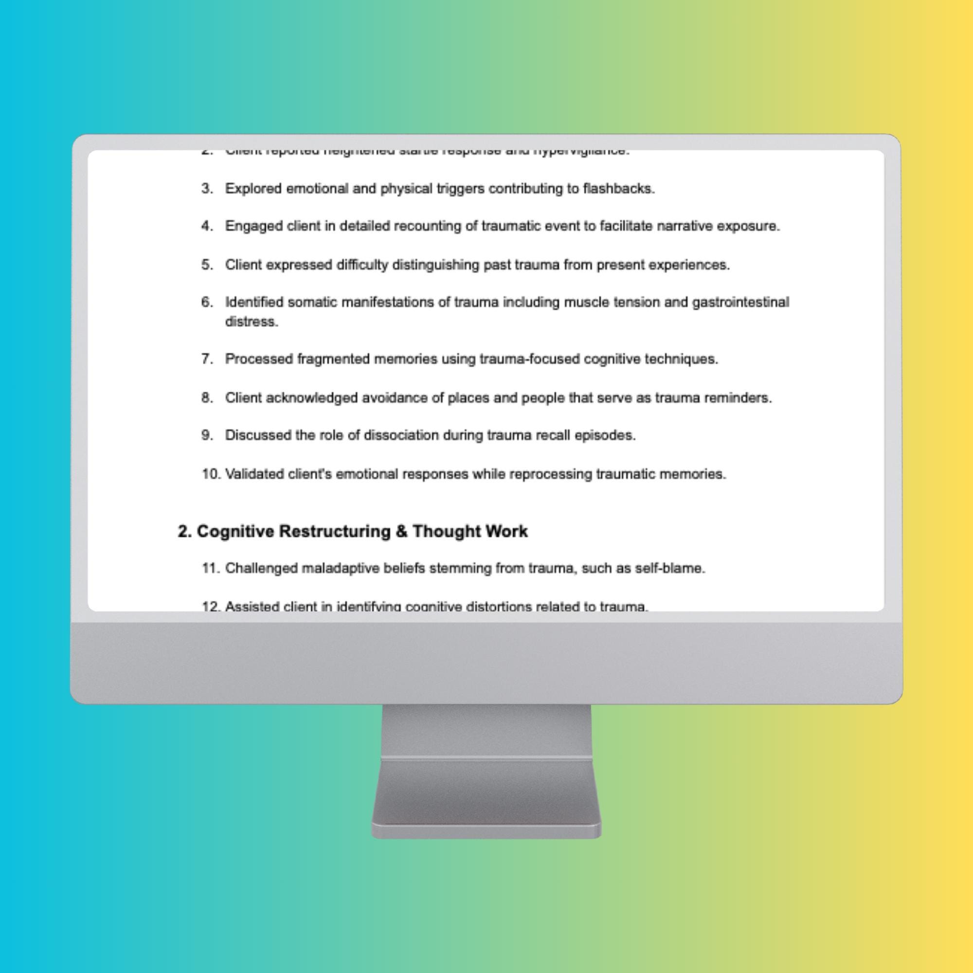 Trauma PTSD Progress Note Statements Therapist SOAP DAP Clinical ...