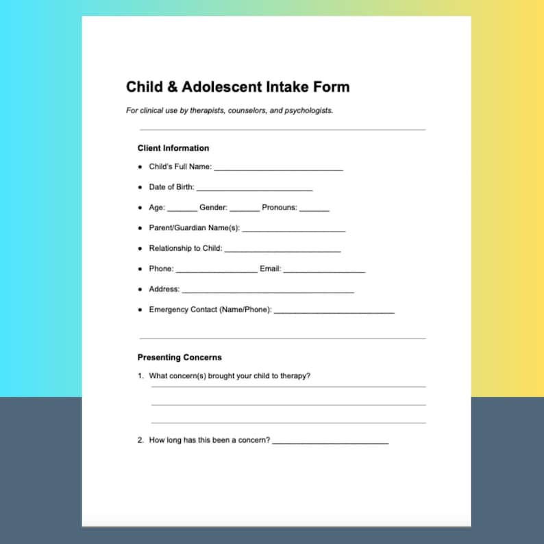 Child Adolescent Intake Form Therapist Tool Counseling Forms Pediatric ...