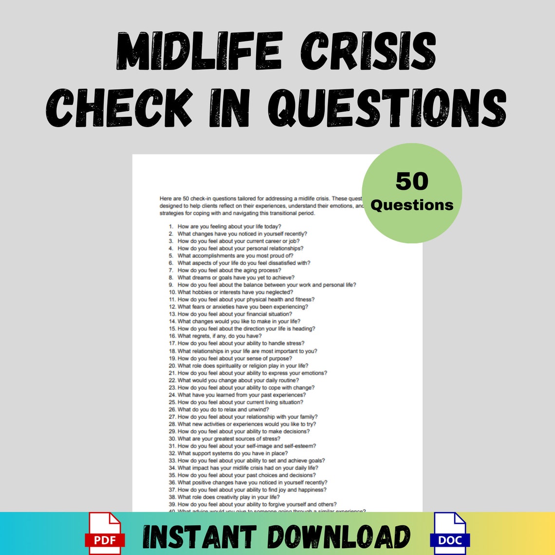 Midlife Crisis Therapy Check in Questions Midlife Counseling Tools ...