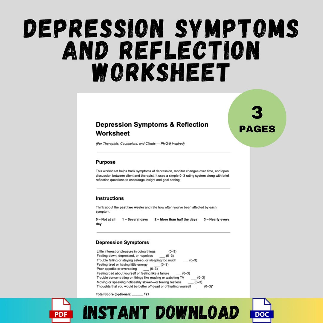 Depression Symptoms Reflection Worksheet Therapist Tool PHQ9 Inspired ...