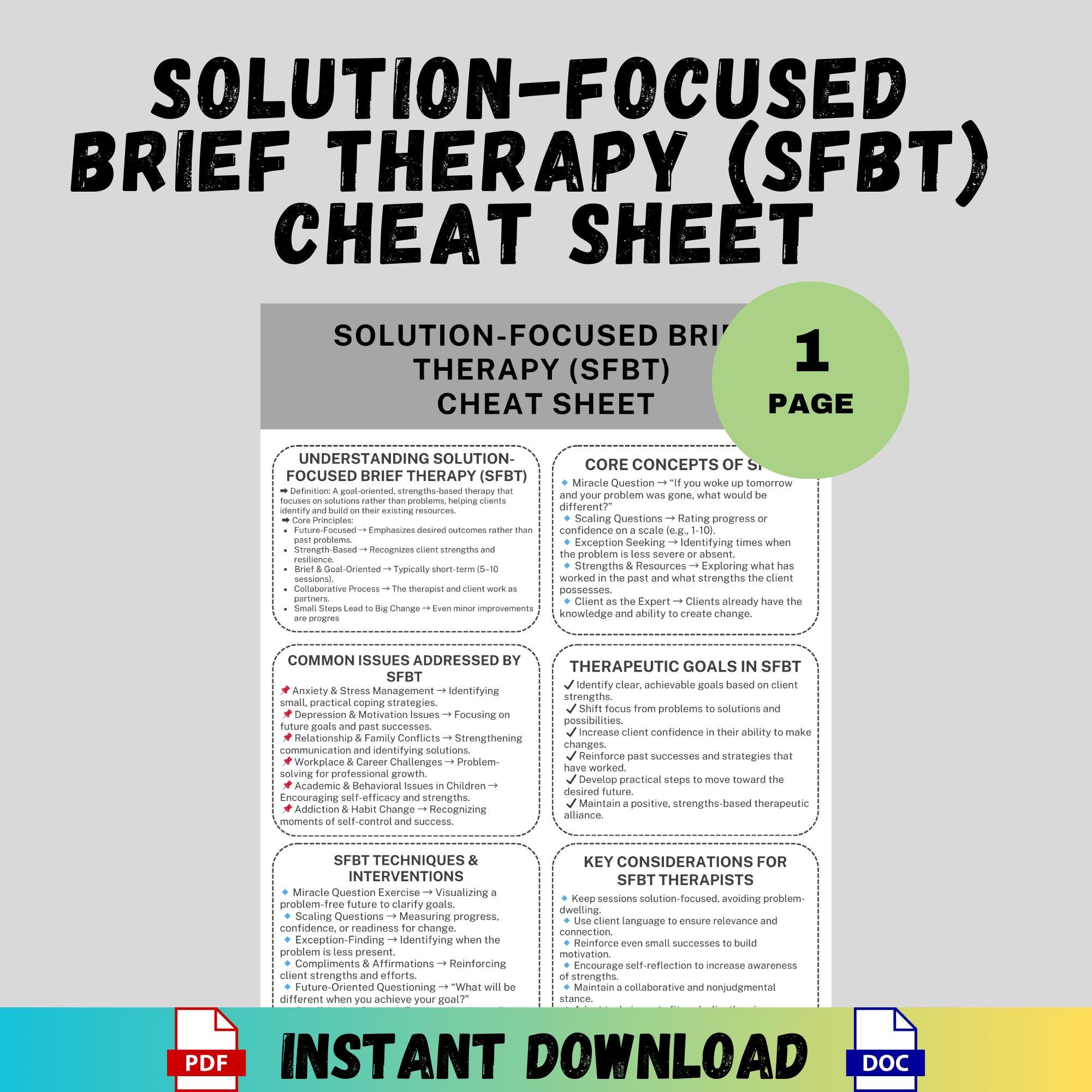Solution-focused Brief Therapy SFBT Cheat Sheet Printable Counseling ...