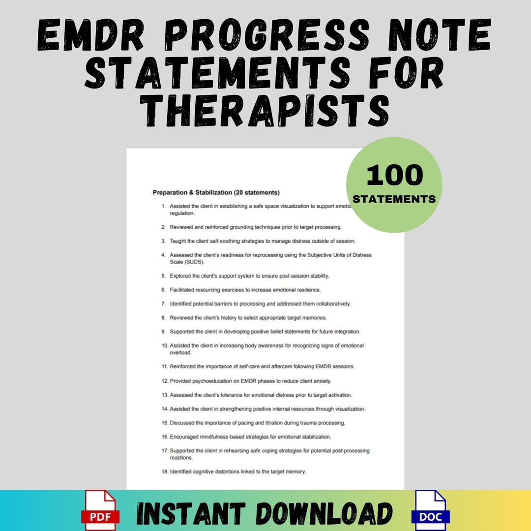 EMDR Progress Note Statements for Therapists Counseling Tool for Trauma Therapy Mental Health ...