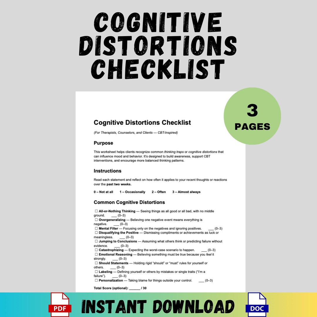 Cognitive Distortions Checklist Therapist Tool CBT Inspired Editable ...