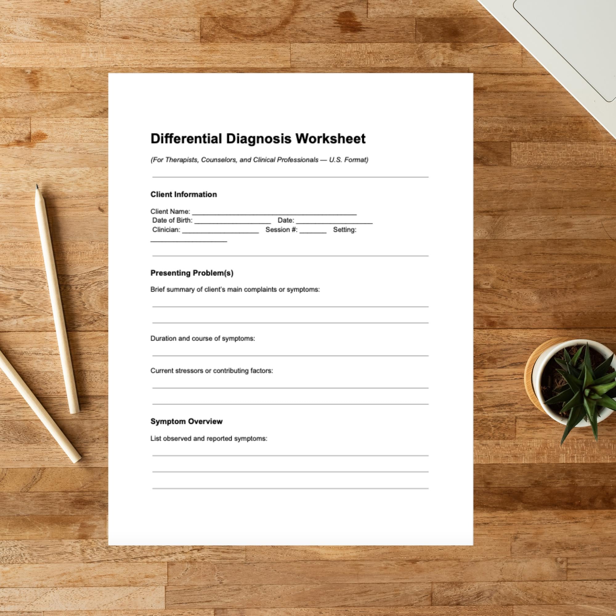 Differential Diagnosis Worksheet Therapist Tool Editable PDF Word ...