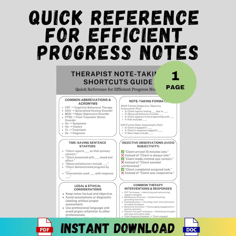 Therapist Note-taking Shortcuts Guide Progress Notes Quick Reference ...