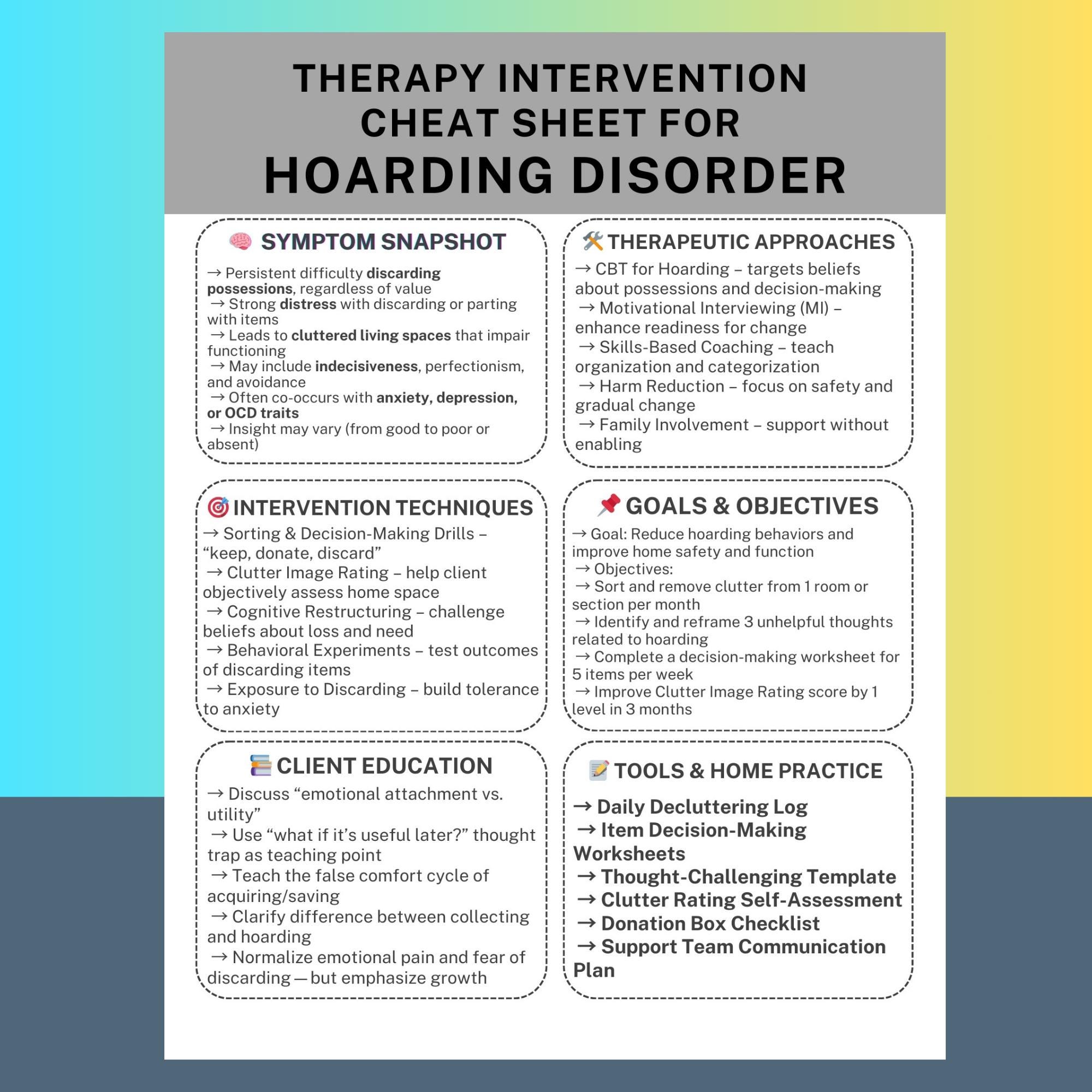 Hoarding Disorder Therapy Interventions Cheat Sheet PDF CBT Counseling ...