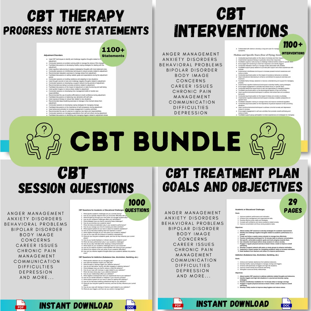 Cognitive Behavioral Therapy Bundle CBT Progress Note Statements ...