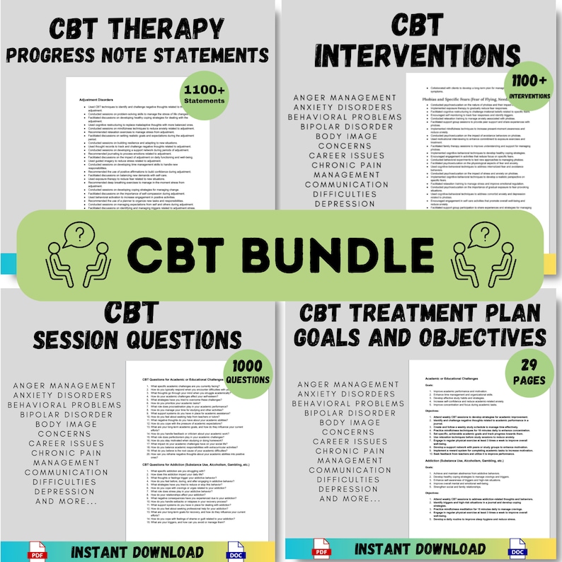Cognitive Behavioral Therapy Bundle CBT Progress Note Statements ...