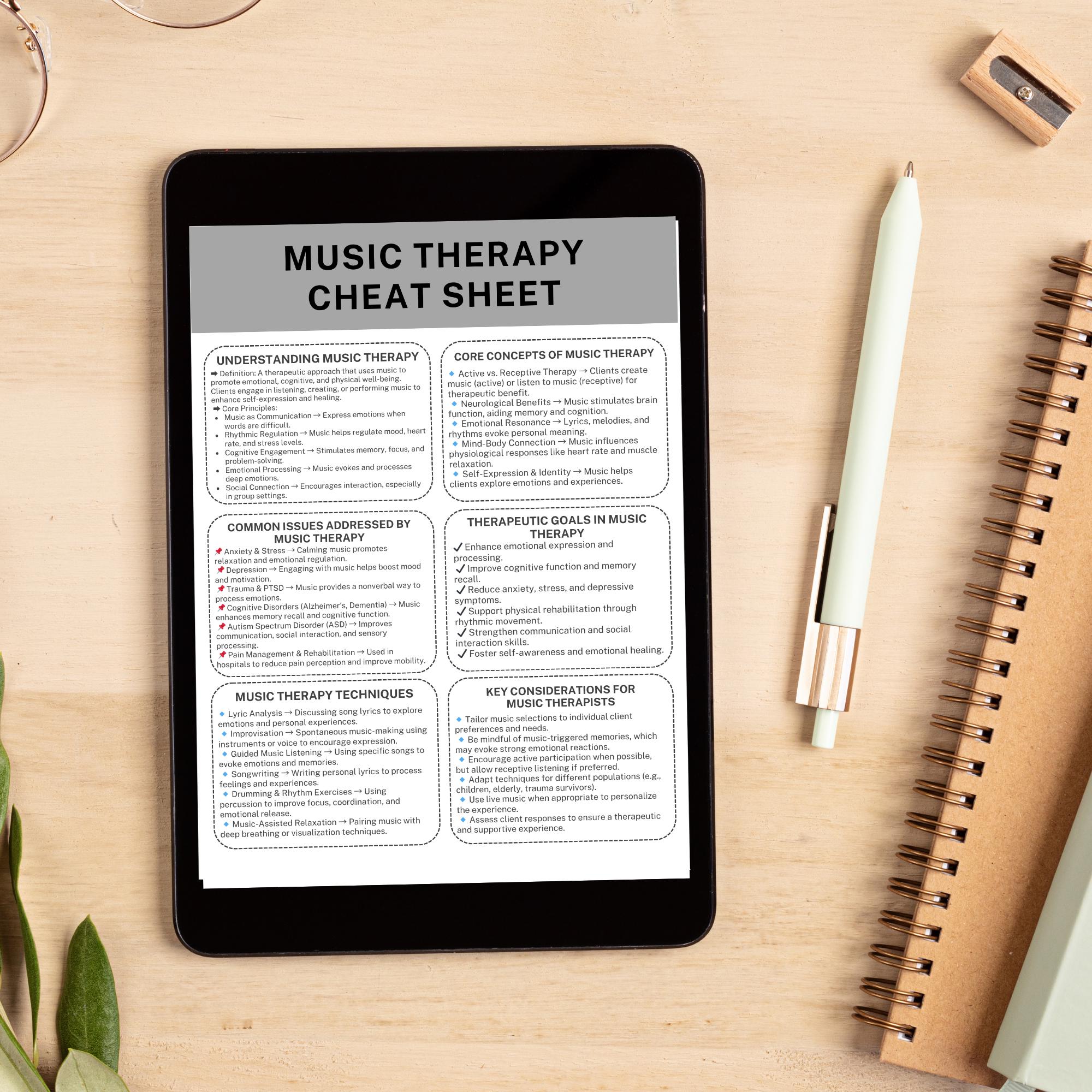 Music Therapy Cheat Sheet Printable Counseling Guide for Therapists ...
