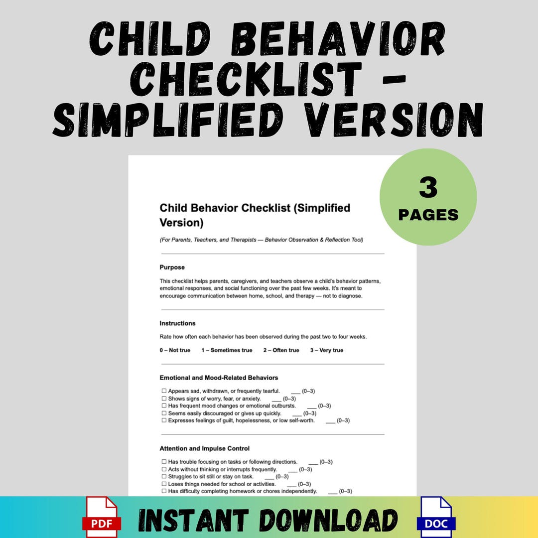 Child Behavior Checklist for Parents Teachers Therapist Tool CBT ...