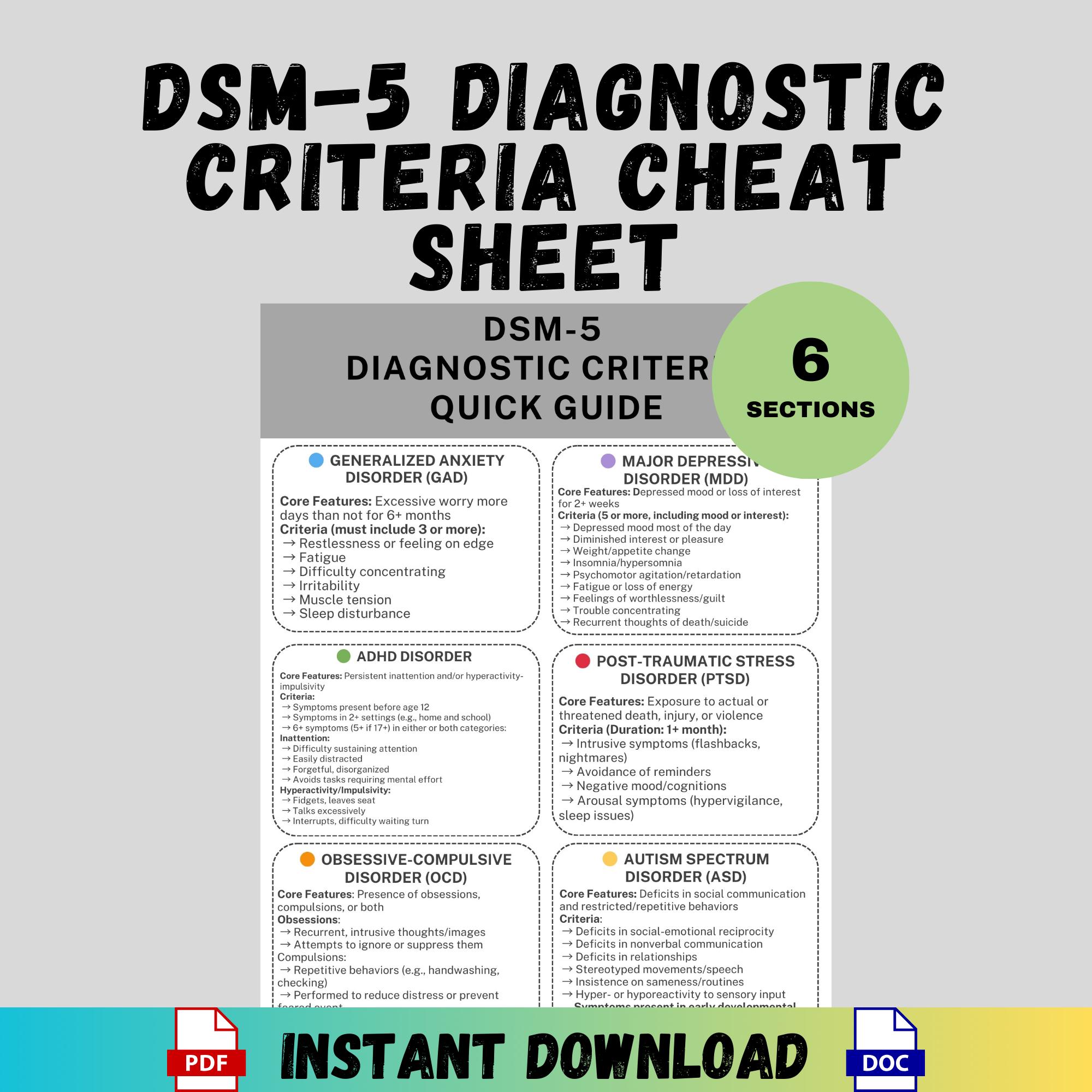 DSM-5 Diagnostic Criteria Aligned Cheat Sheet Printable Therapist Quick ...