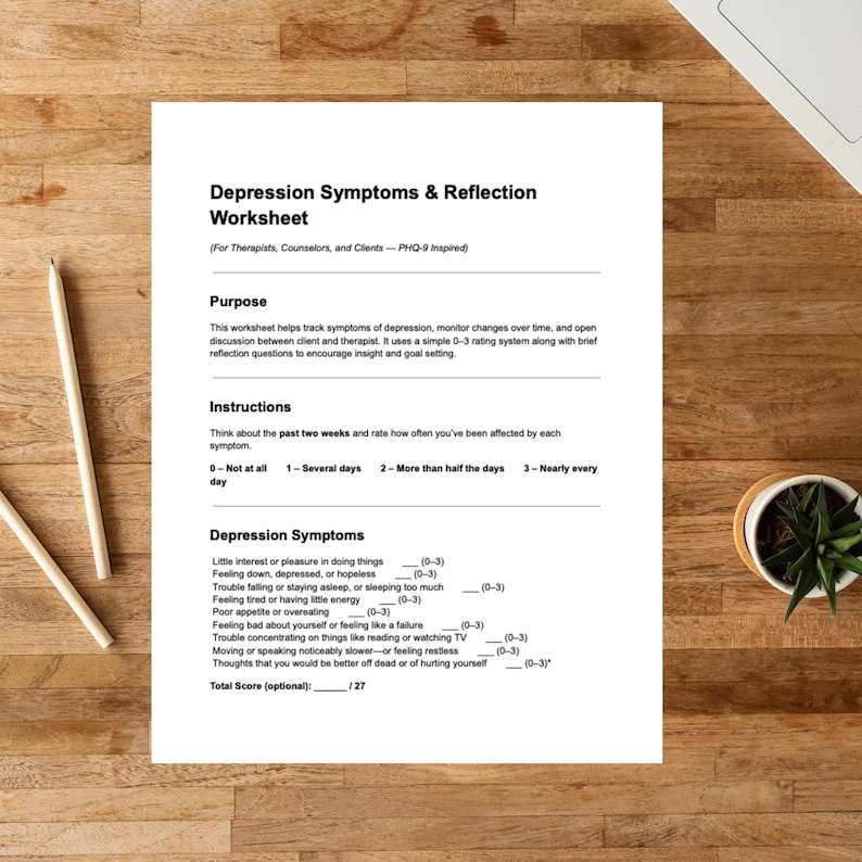 Depression Symptoms Reflection Worksheet Therapist Tool PHQ9 Inspired ...
