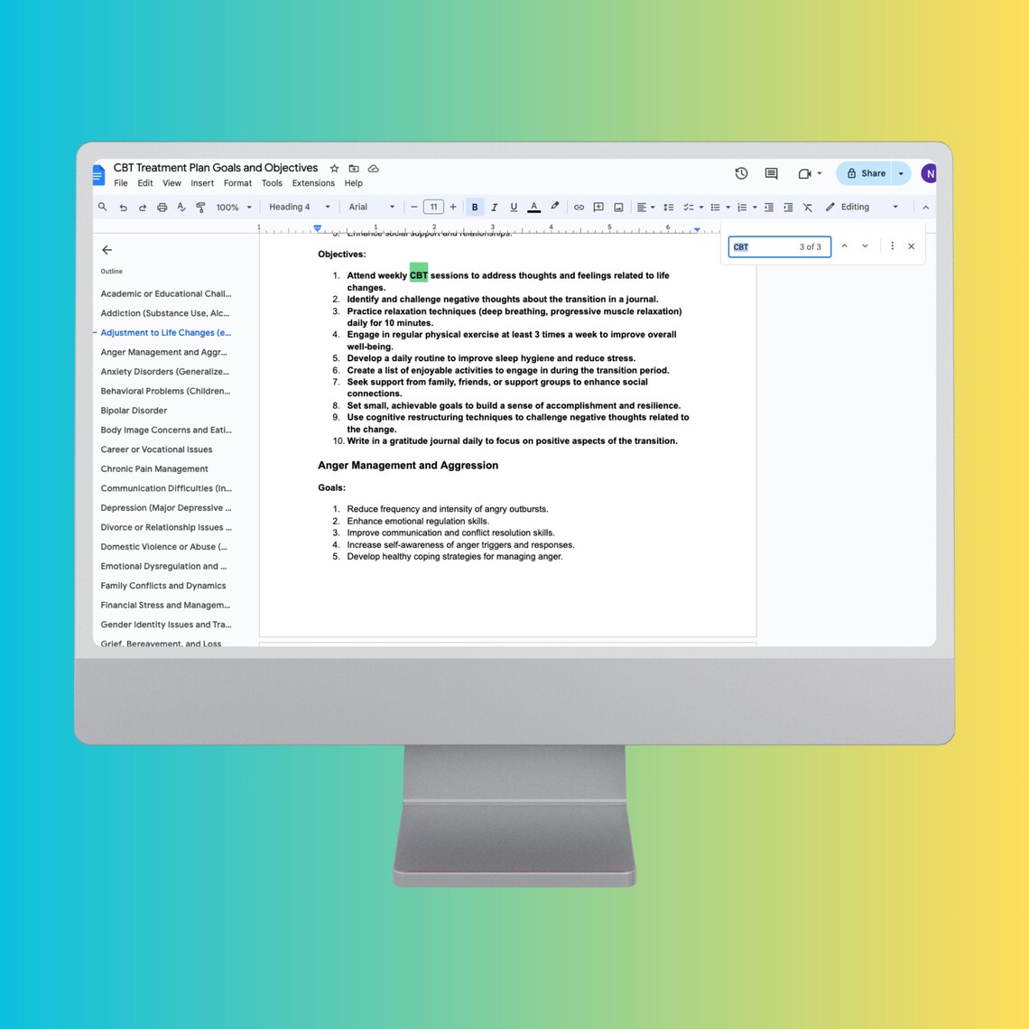 CBT Treatment Plan Goals and Objectives Treatment Planning Tool Therapy ...