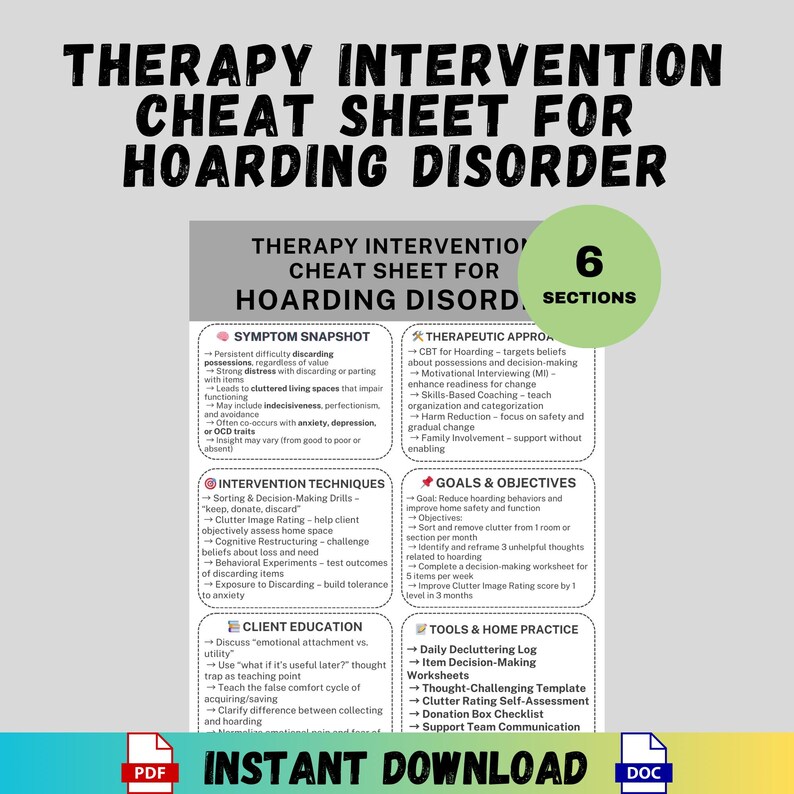 Hoarding Disorder Therapy Interventions Cheat Sheet PDF CBT Counseling ...