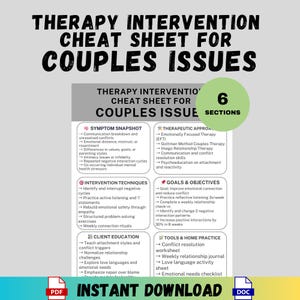 Couple's Issues Therapy Interventions Cheat Sheet PDF for Counselors CBT Tool Mental Health ...