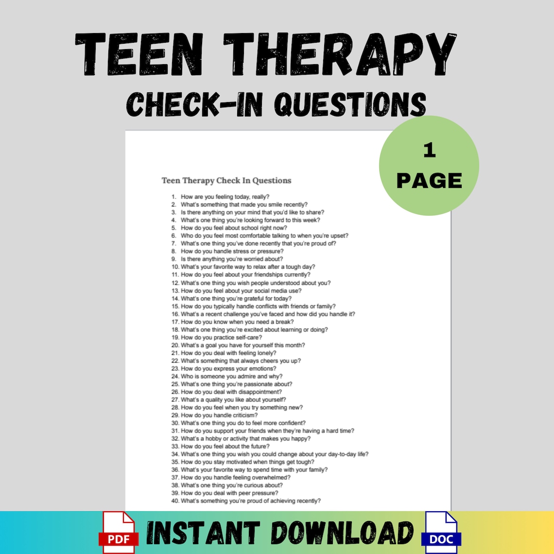 Teen Therapy Check in Questions Counseling Tools Therapist Mental ...