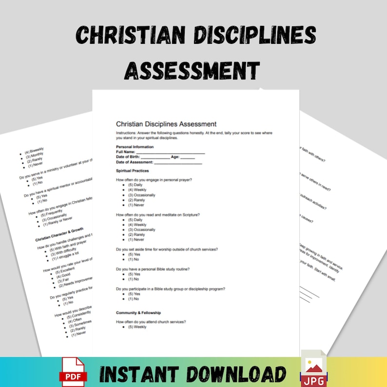 Christian Disciplines Assessment Printable Therapy Tool Spiritual ...
