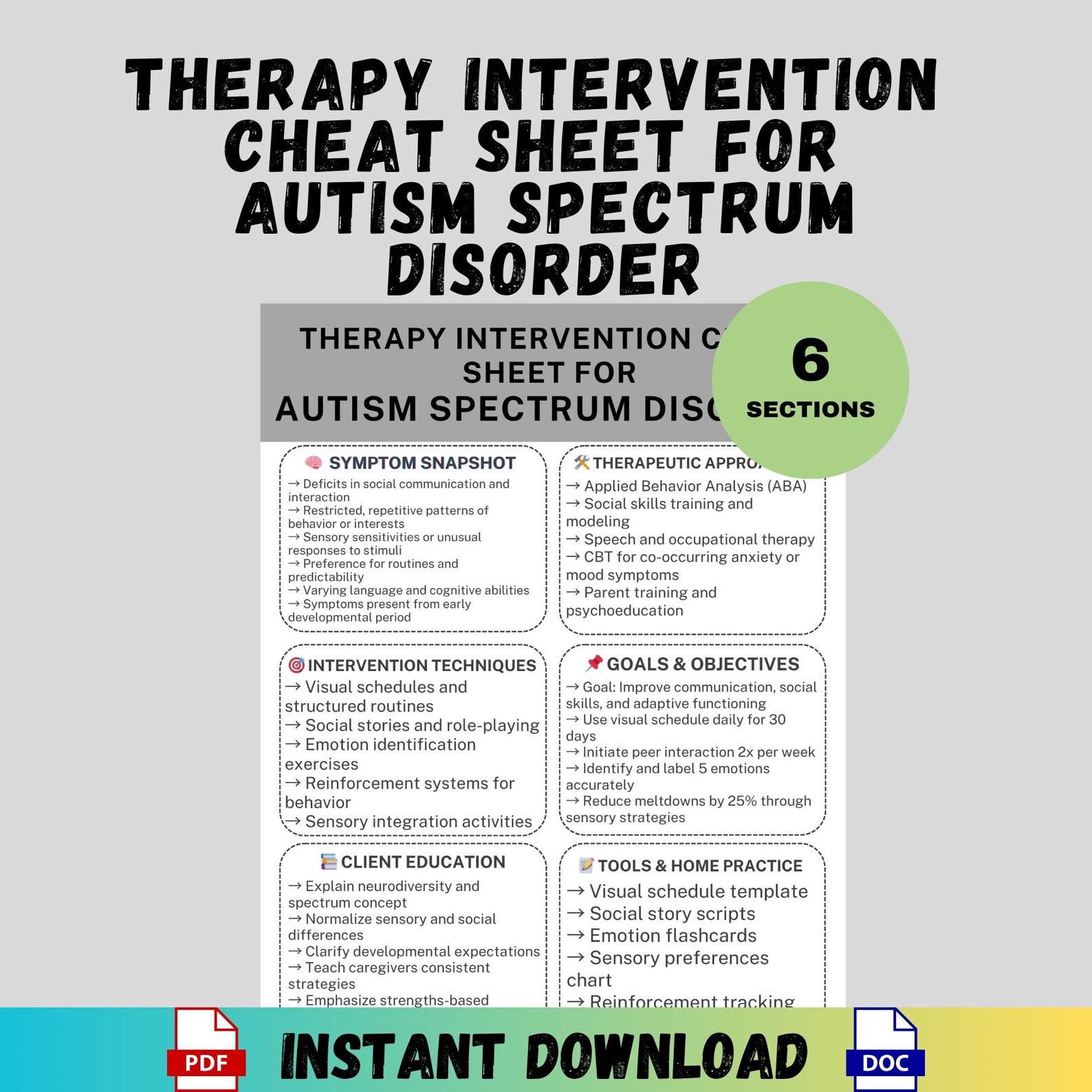 Autism Spectrum Disorder (ASD) Therapy Interventions Cheat Sheet PDF for Counselors CBT Tool ...