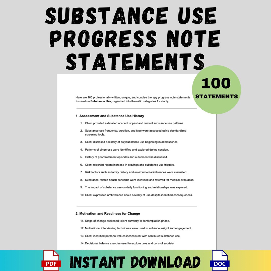 Substance Use Progress Note Statements Therapist SOAP DAP Clinical ...